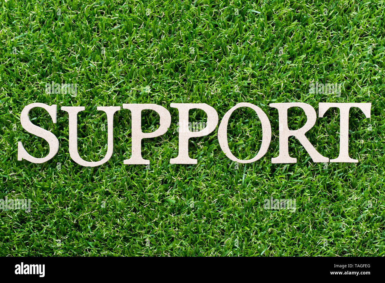Wood alphabet in word support on artificial green grass background ...