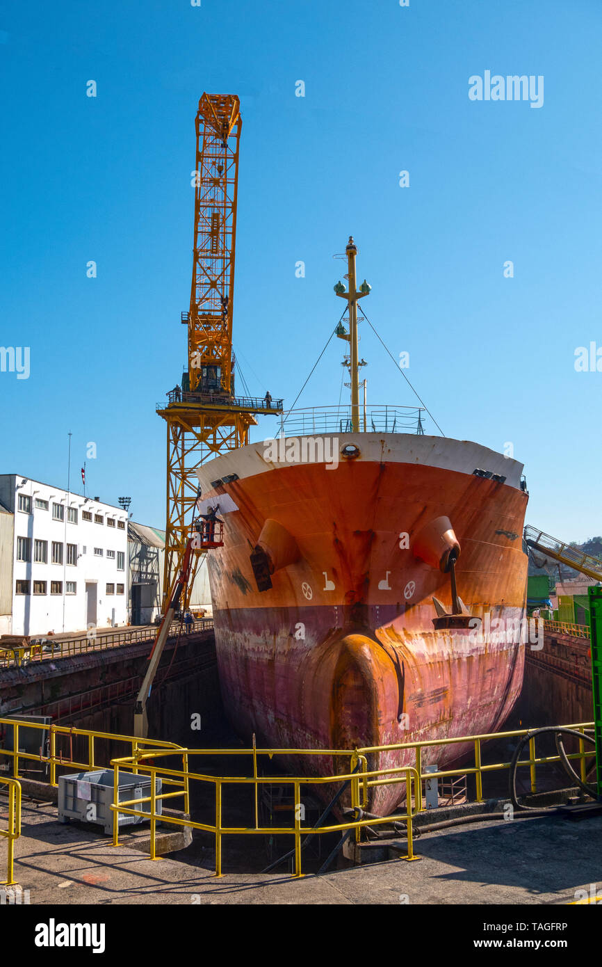 Cleaning and repainting of hulls of a big ship or big ship being fixed ...