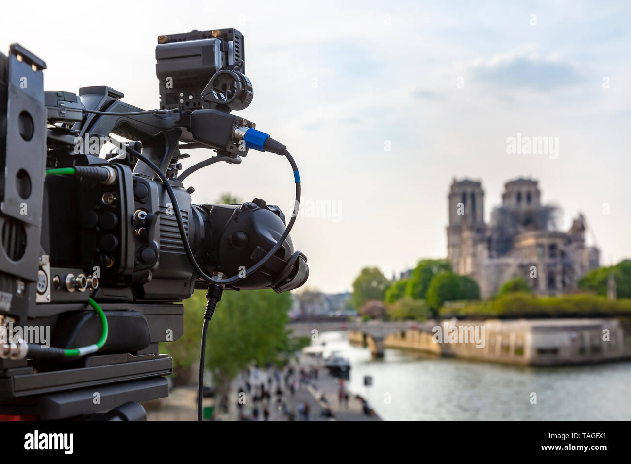 Close-up image of a television professional rig broadcasting from Notre ...