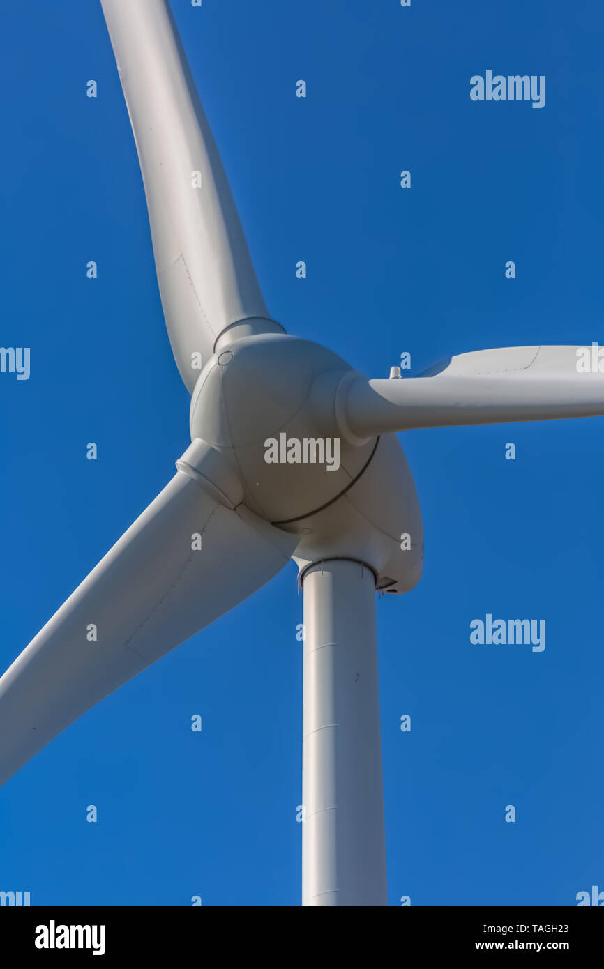 Detailed close up view of a wind turbines; generator, rotor and blade ...