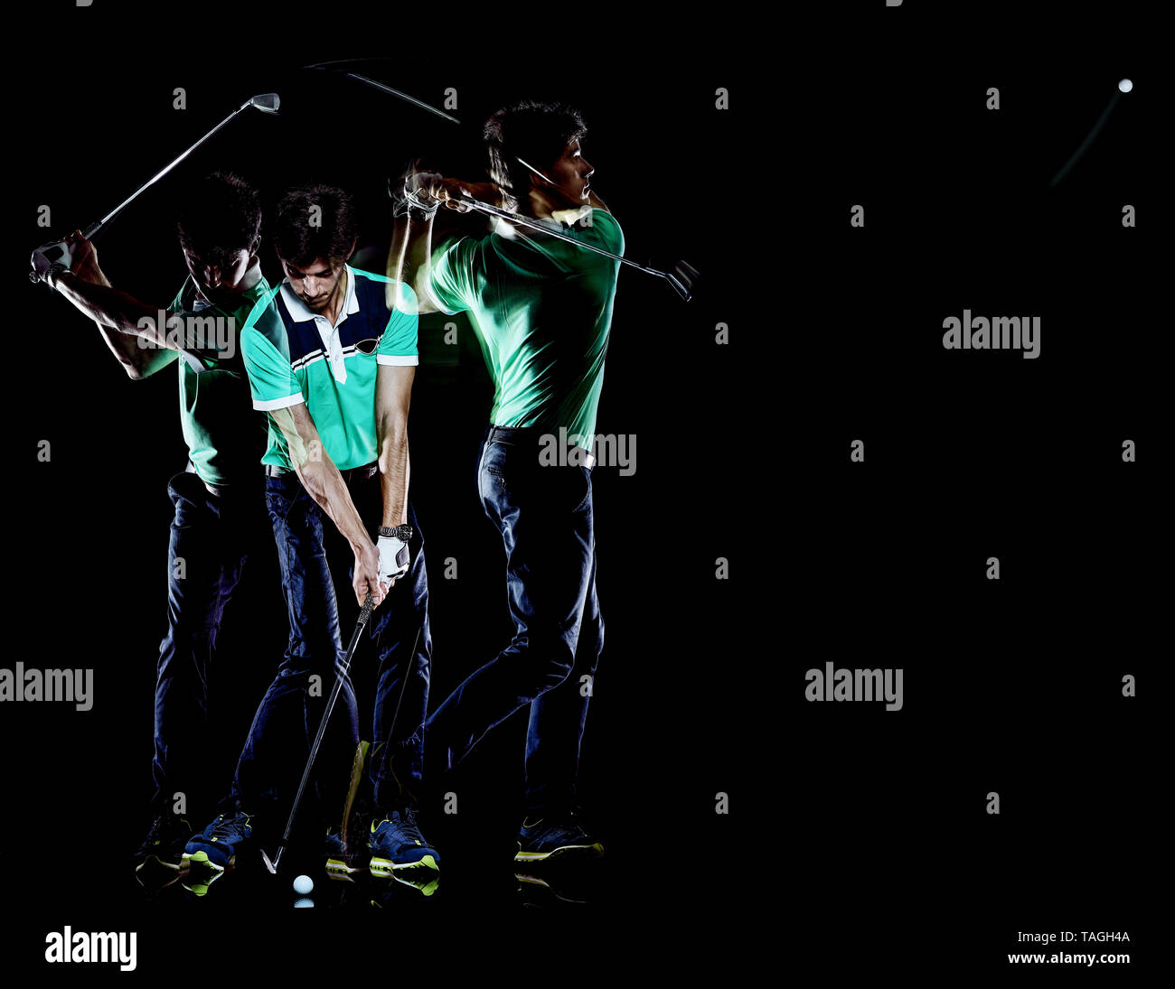 one caucasian young golfer man golfing golf swing isolated on black ...
