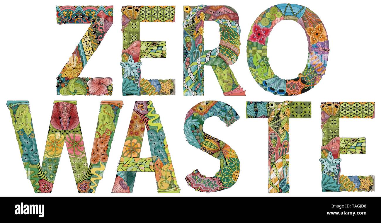 Hand-painted art design. Hand drawn illustration words ZERO WASTE for t ...