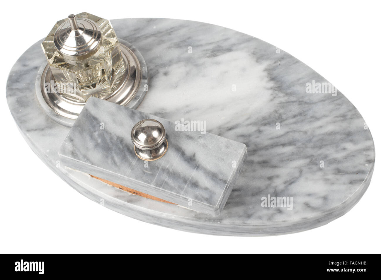 Old rocking ink blotter with silver and glass inkwell isolated on white ...