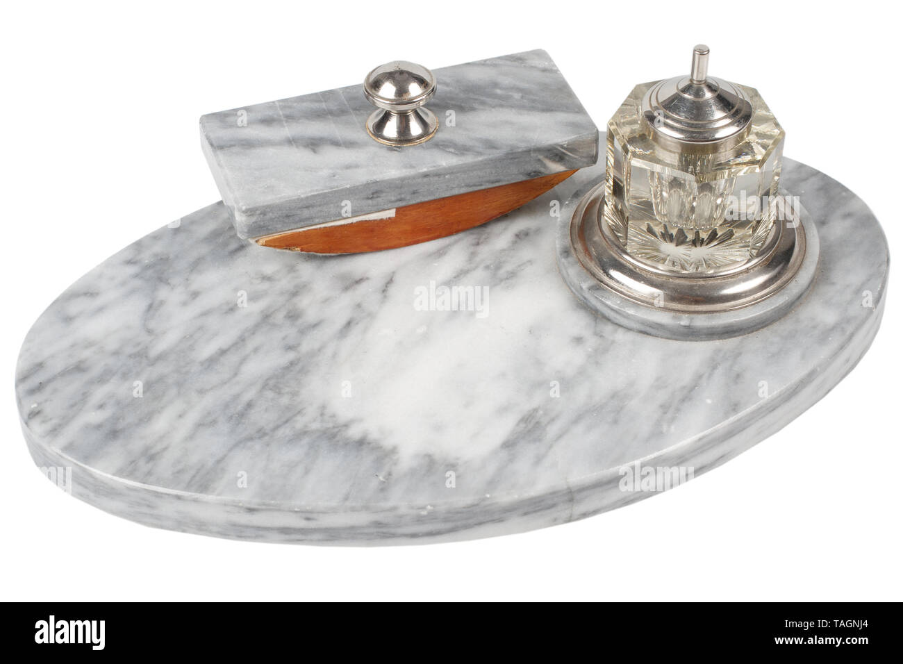 Old rocking ink blotter with silver and glass inkwell isolated on white ...