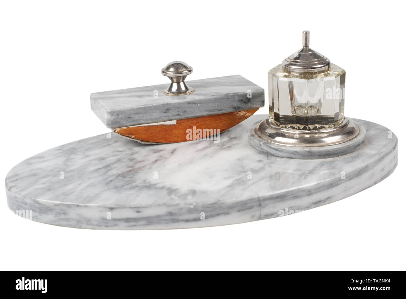 Old rocking ink blotter with silver and glass inkwell isolated on white ...