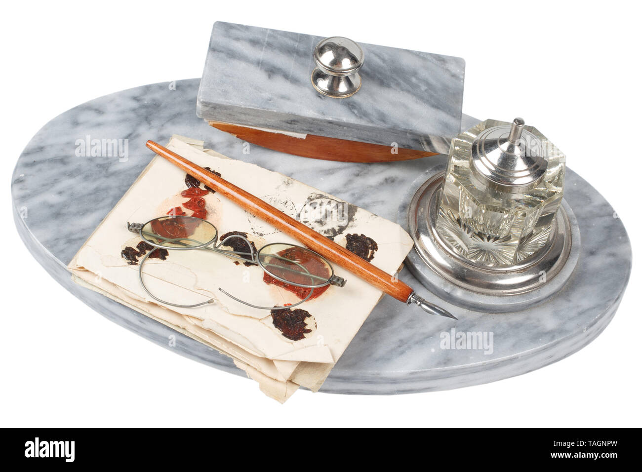 Old fountain pen with rocking ink blotter with silver and glass inkwell ...