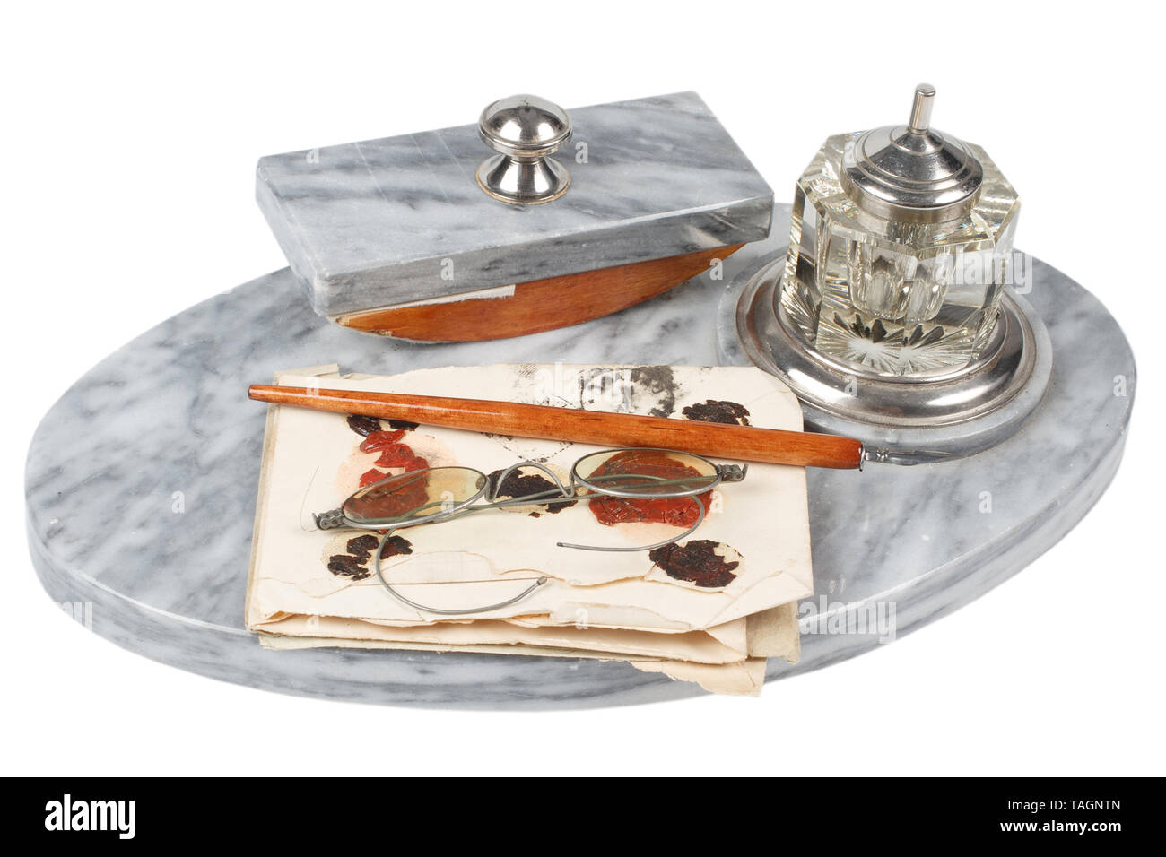 Old fountain pen with rocking ink blotter with silver and glass inkwell ...