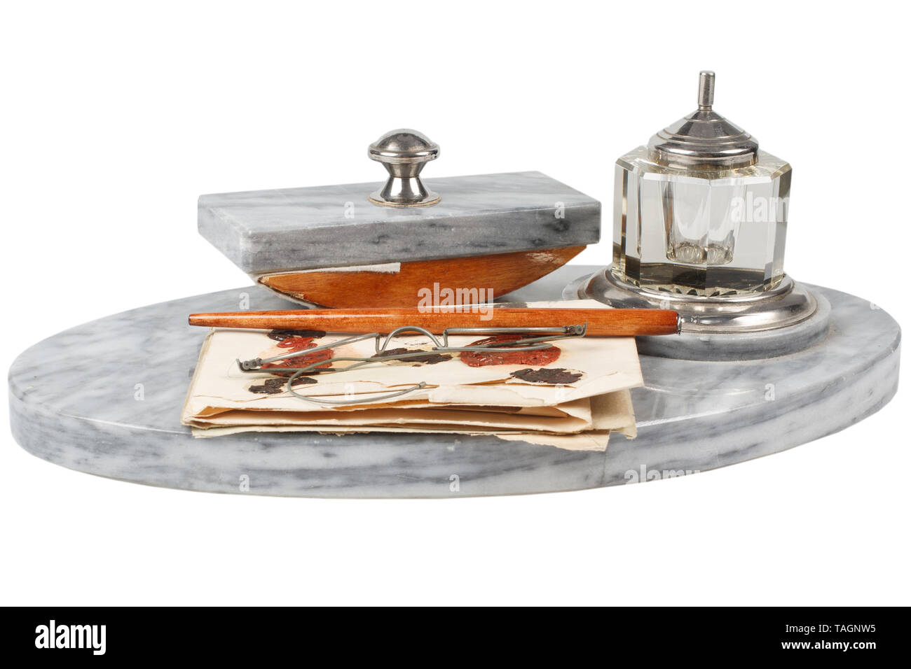 Old fountain pen with rocking ink blotter with silver and glass inkwell ...