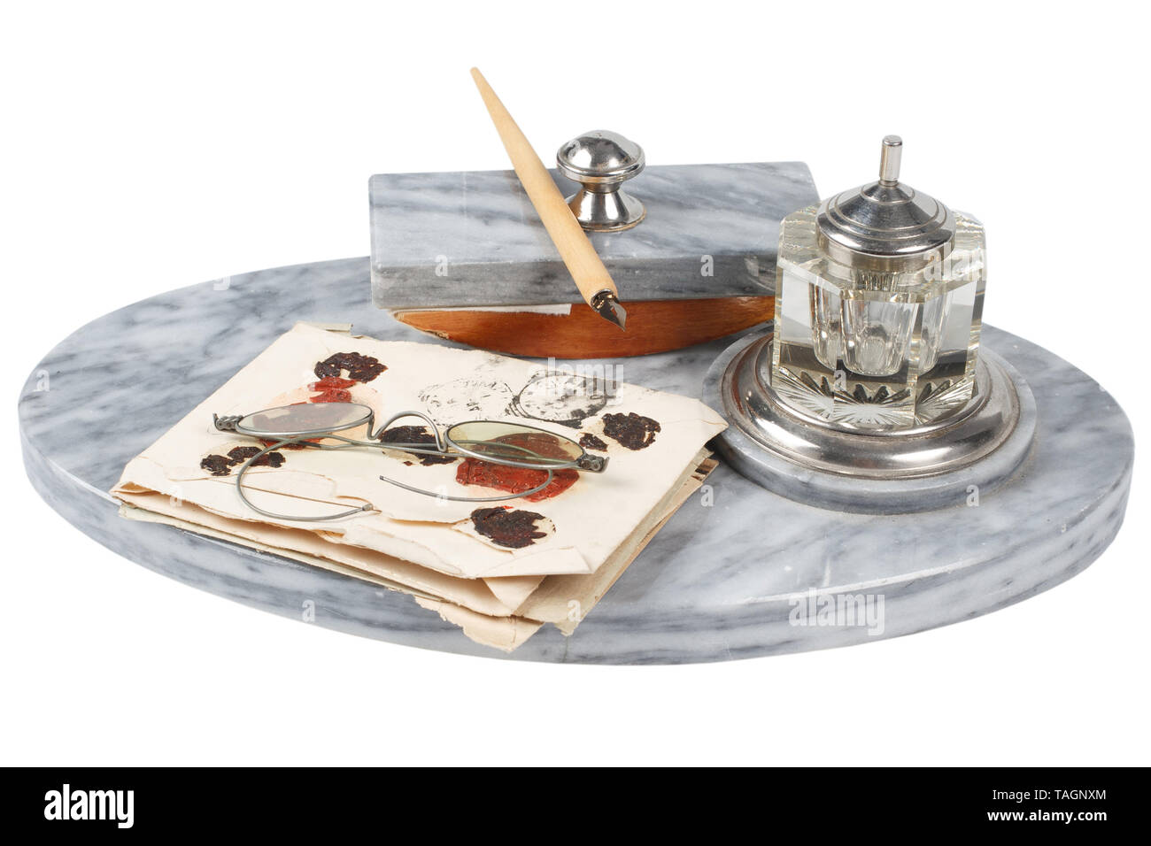 Old fountain pen with rocking ink blotter with silver and glass inkwell ...