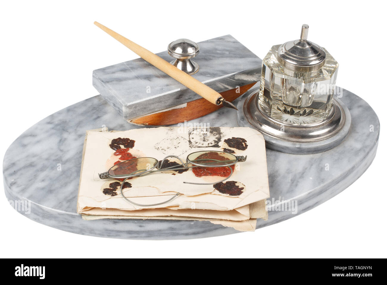 Old fountain pen with rocking ink blotter with silver and glass inkwell ...