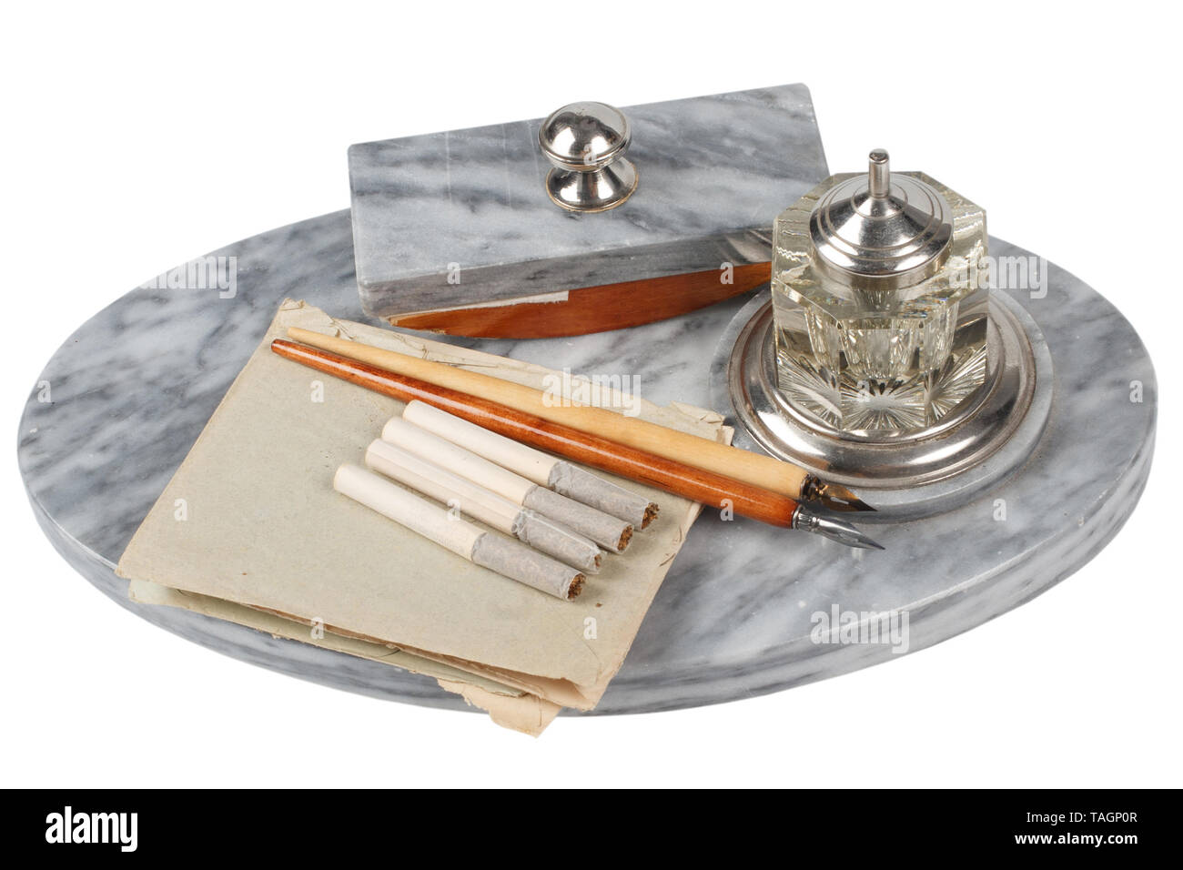 Old fountain pen with rocking ink blotter with silver and glass inkwell ...