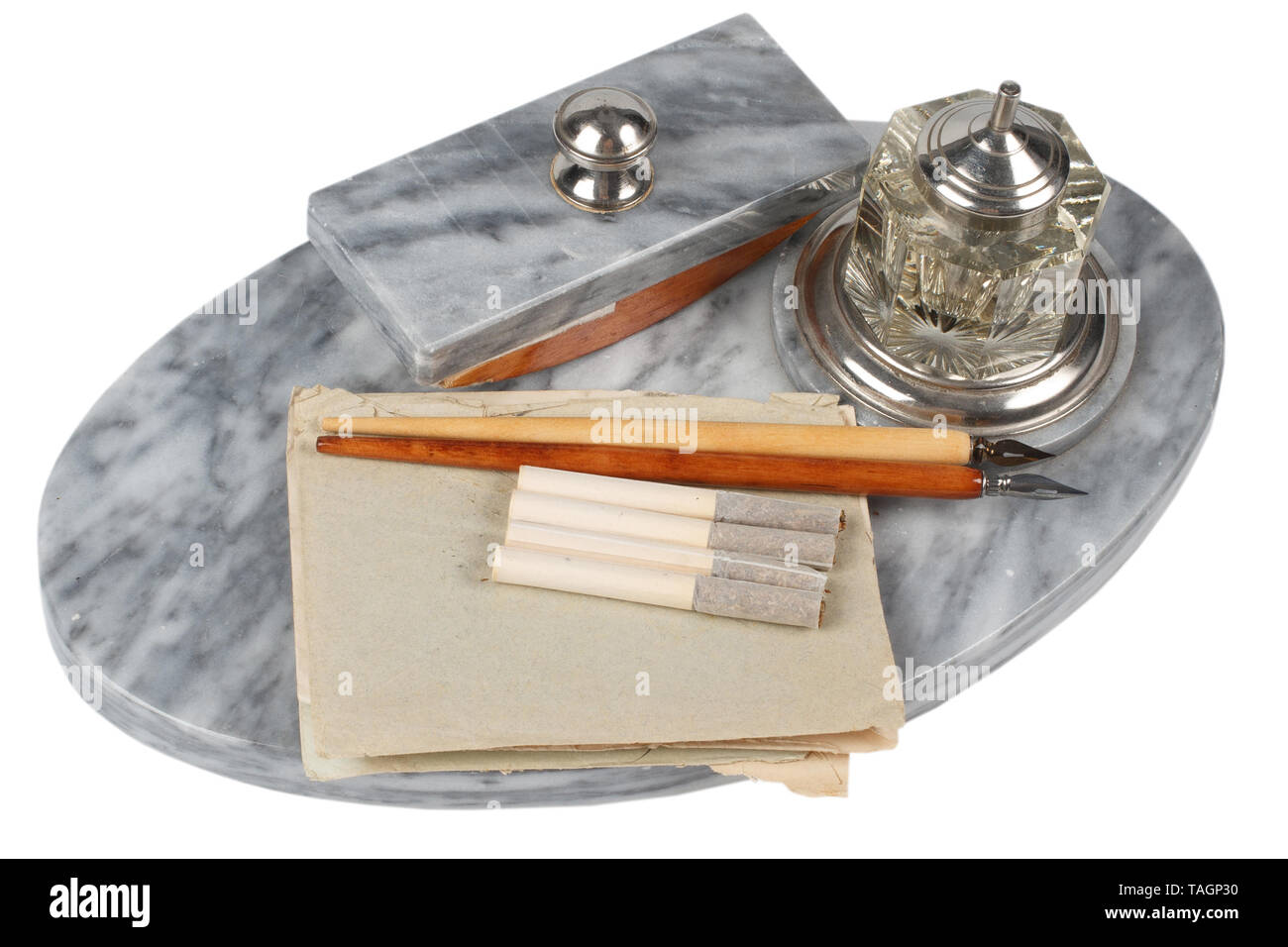 Old fountain pen with rocking ink blotter with silver and glass inkwell ...