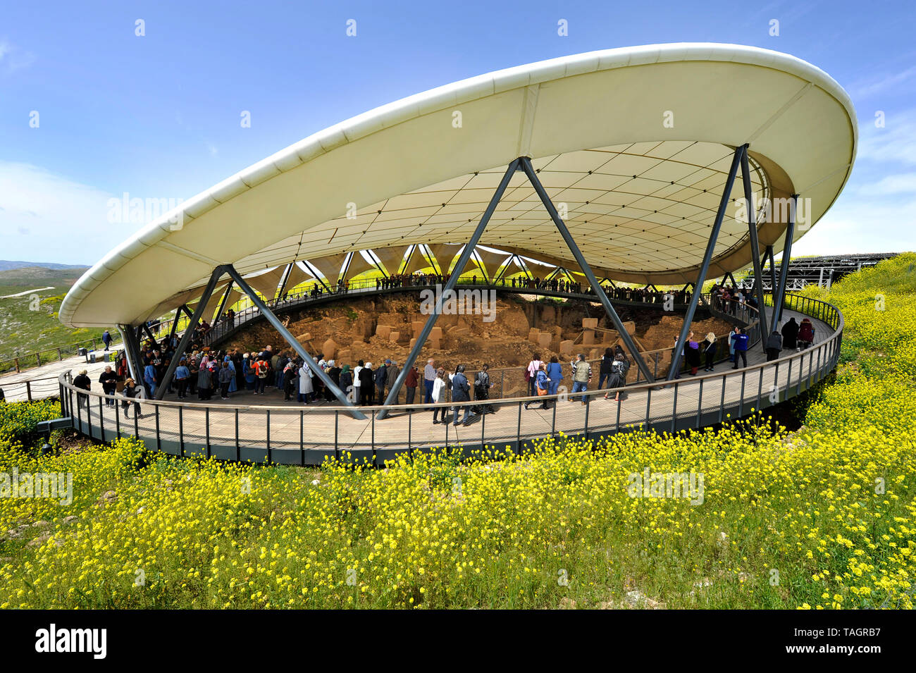 Visitors in open air structure have view of archaeological excavation ...