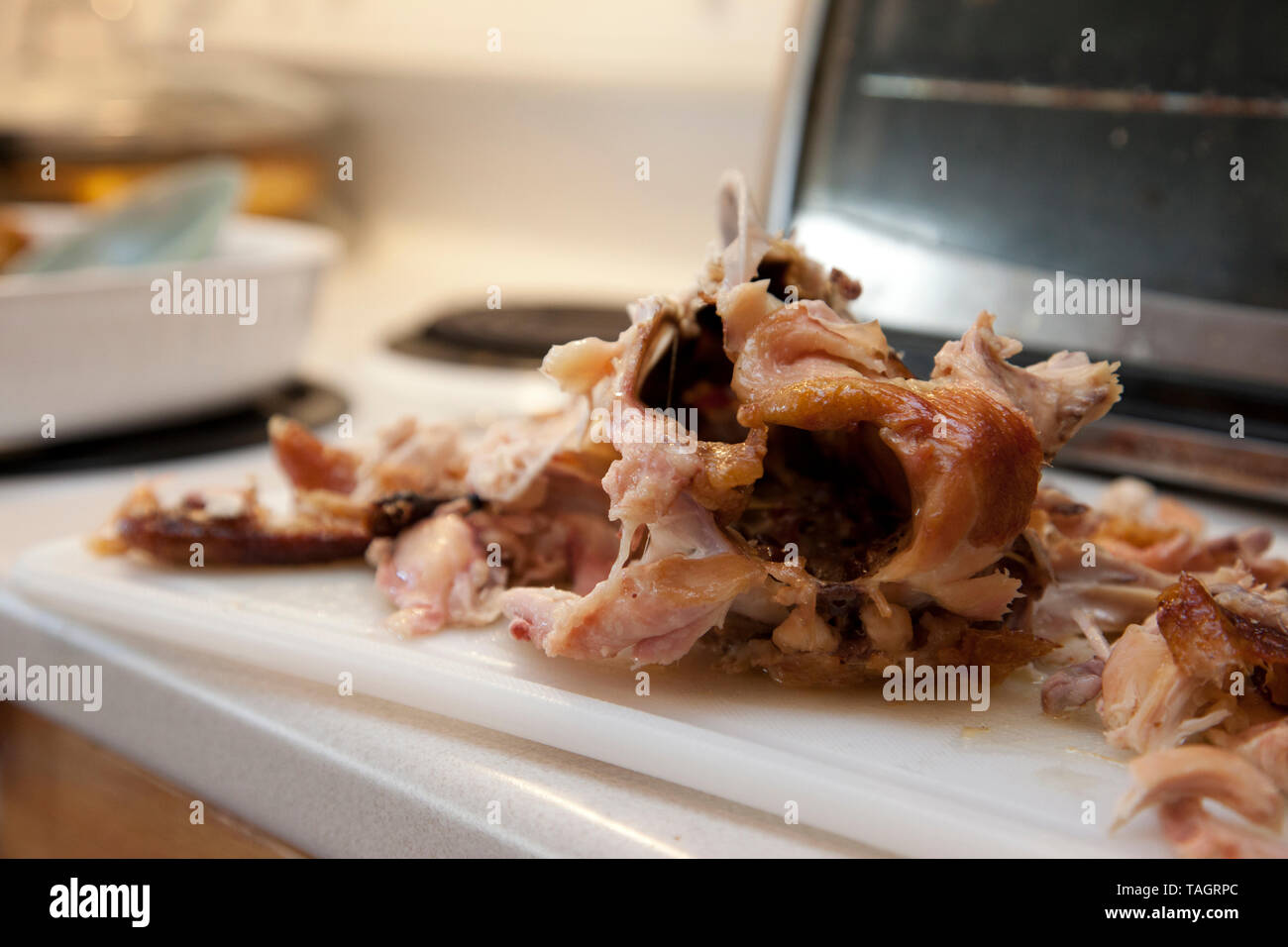 Delicious looking chicken meat on the body of a cooked or barbequed ...