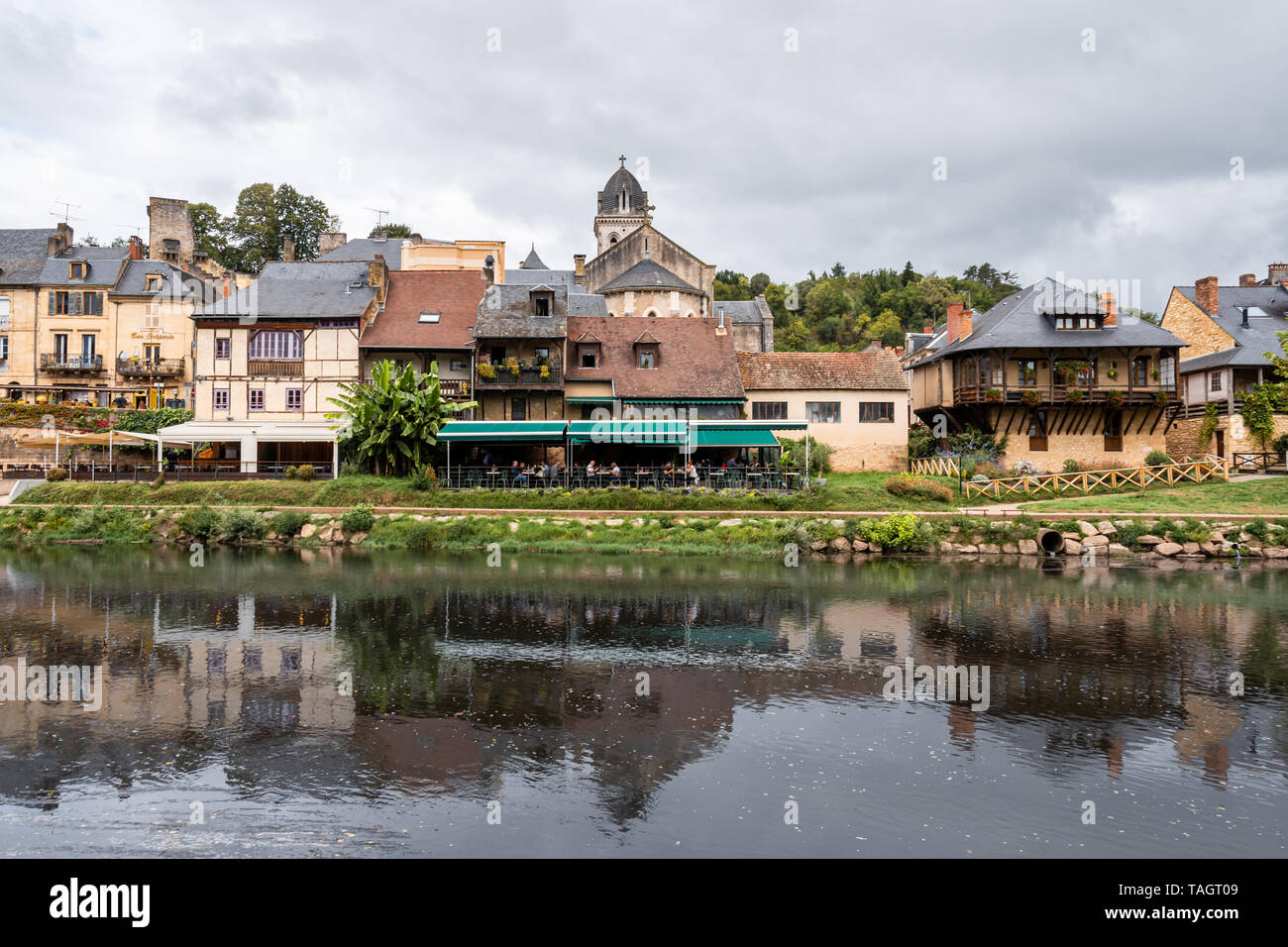 View of Montignac and the Vezere River in the Perigord region of France ...