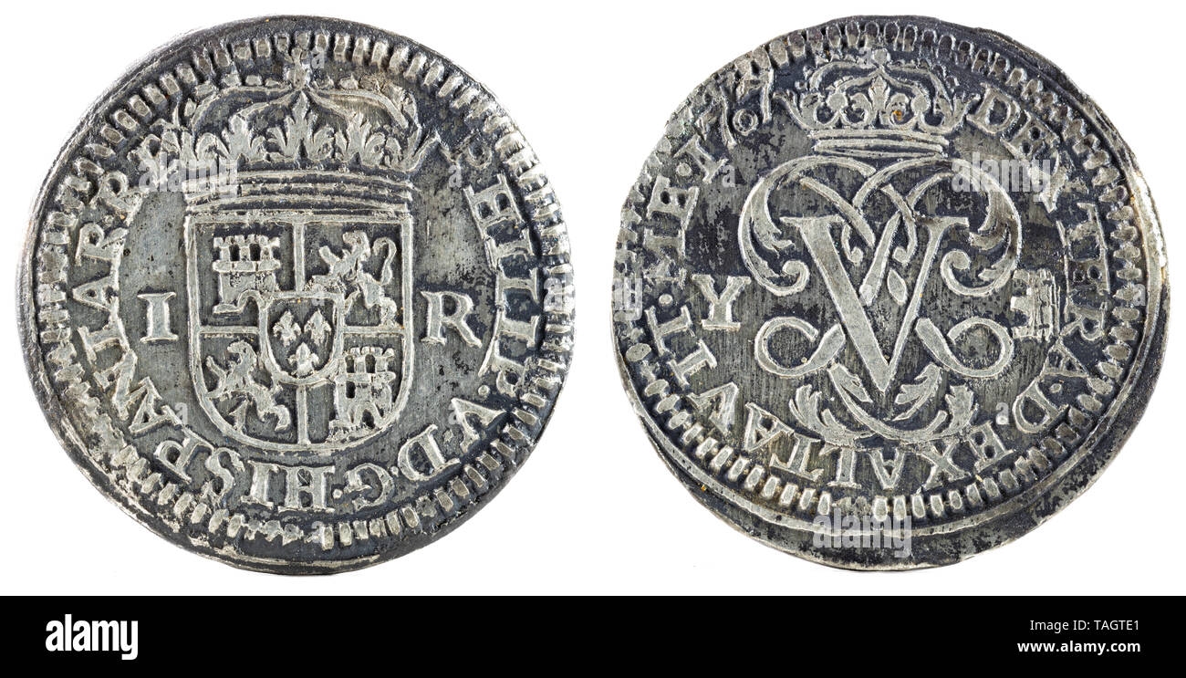 Ancient Spanish silver coin of the King Felipe V. 1707. Coined in ...