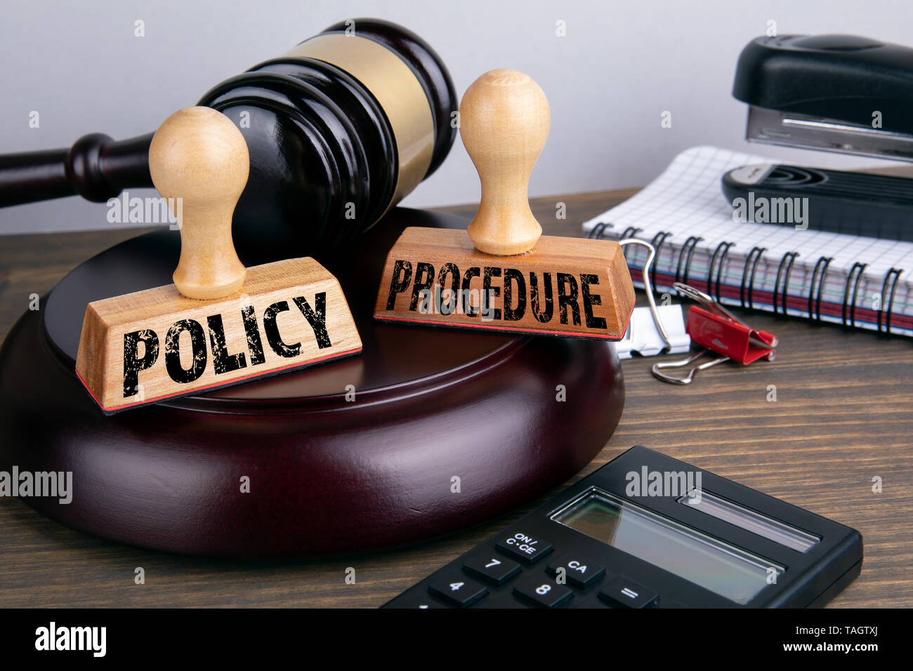 Policy and Procedure concept. Judge gavel and stationery Stock Photo ...