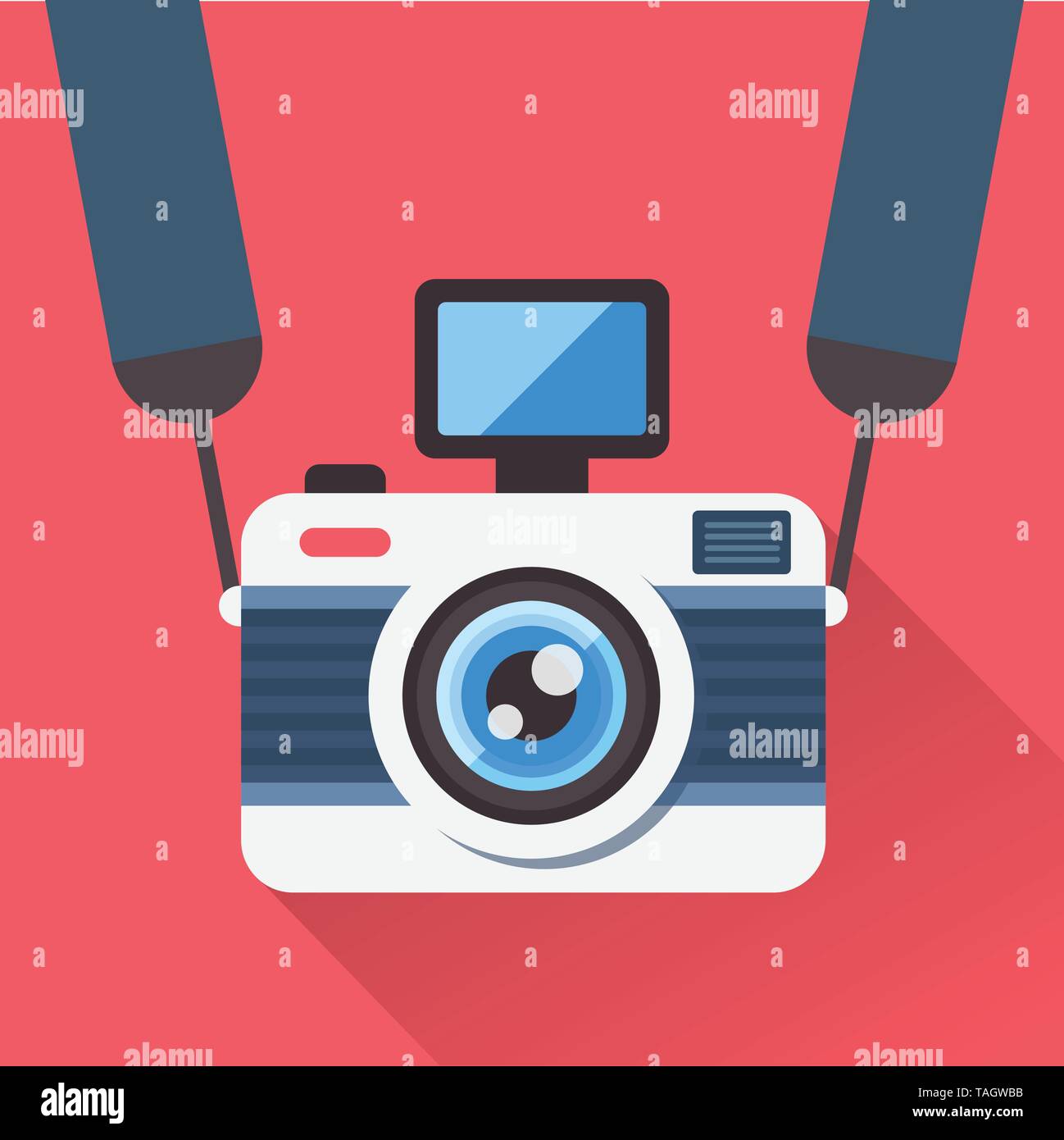 Retro camera on a strap in a flat style. Camera image on a red ...