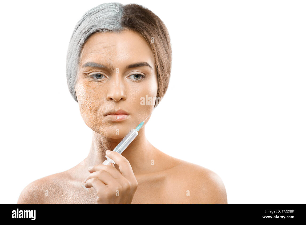 Young and old face comparison. Woman with syringe. Surgery and beauty ...