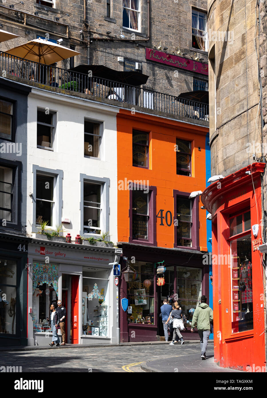 View of Victoria Street at West Bow in Edinburgh Old town, Scotland, UK ...