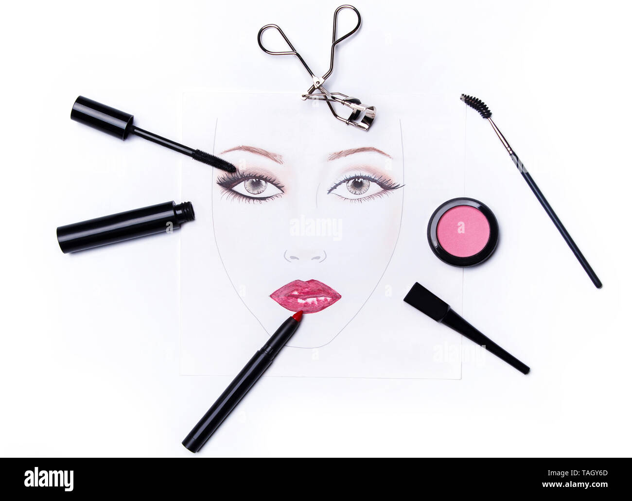 Face chart and different makeup objects and cosmetics on white ...