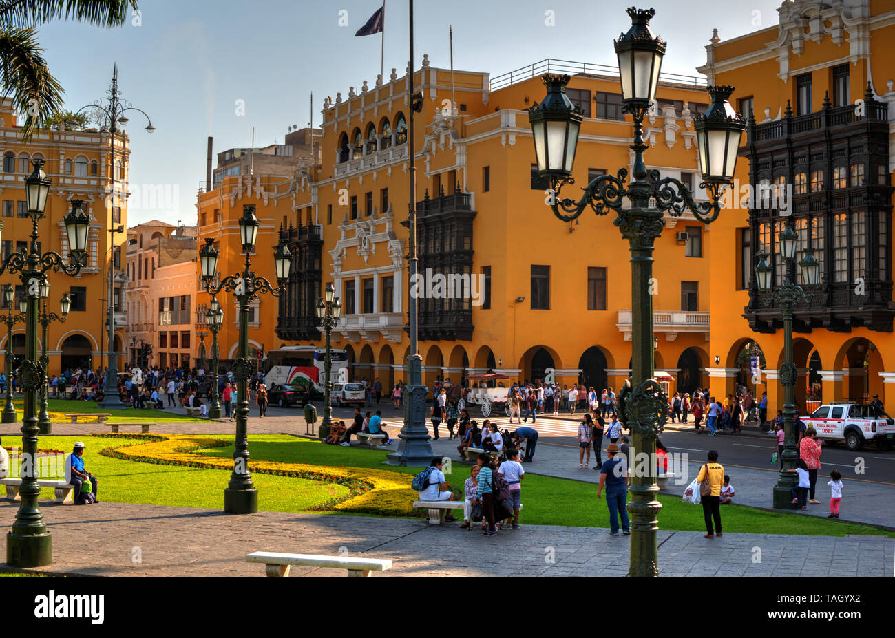 Lima, Peru - April 21, 2018: View of main square showing yellow painted ...