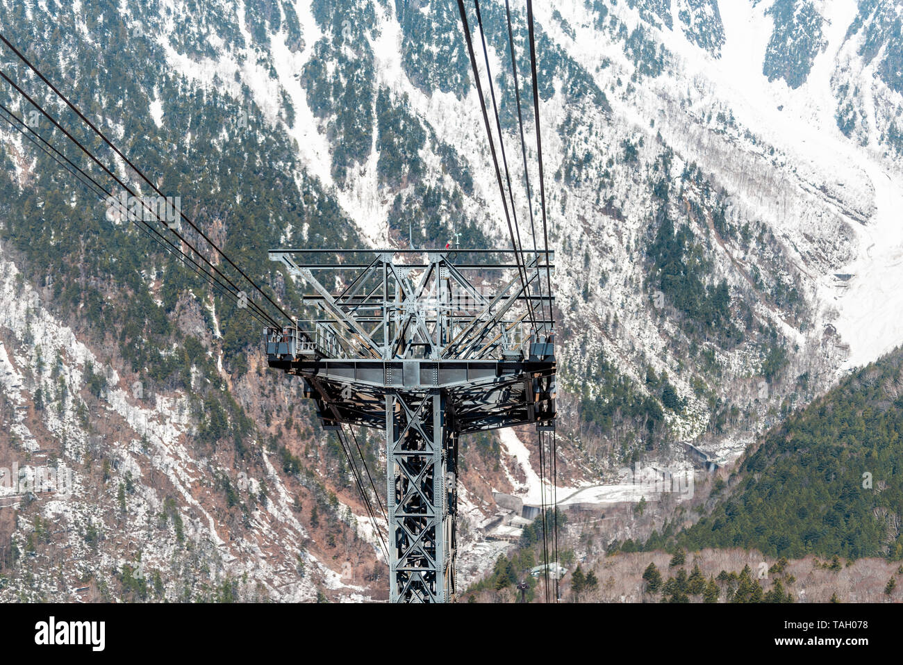 Takayama, Japan Mountain with snow in Shinhotaka Ropeway cable car view ...