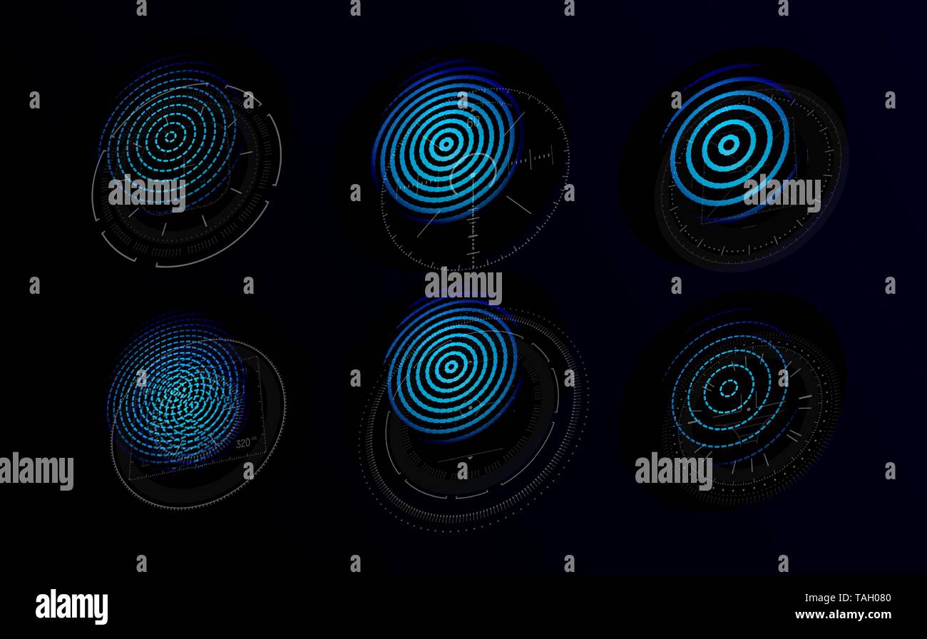 Futuristic holograms with graphic fingerprints. Blue icons set for personal identification ...