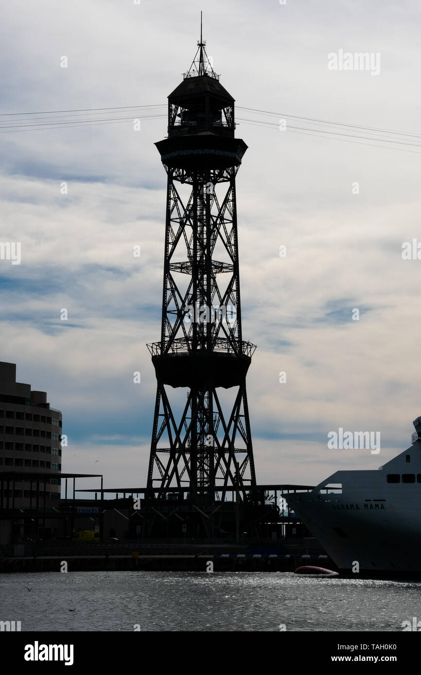 Barcelona, Spain. February 10, 2019. Port Vell Aerial Tramway tower ...
