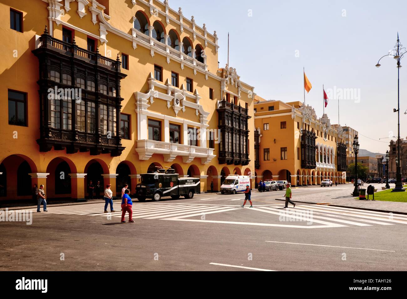 Lima, Peru - April 22, 2018: View of main square showing yellow painted ...