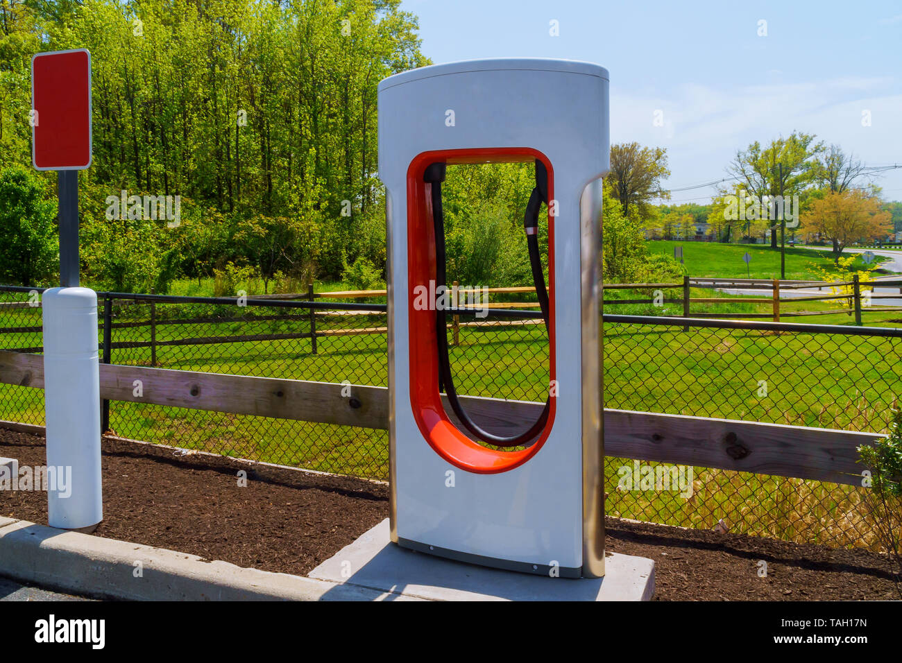 Front view of electrical car charging station in the parking lot Stock ...
