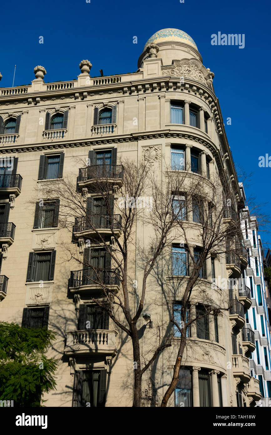 Barcelona, Spain. February 9, 2019. Old building facade and balconies ...