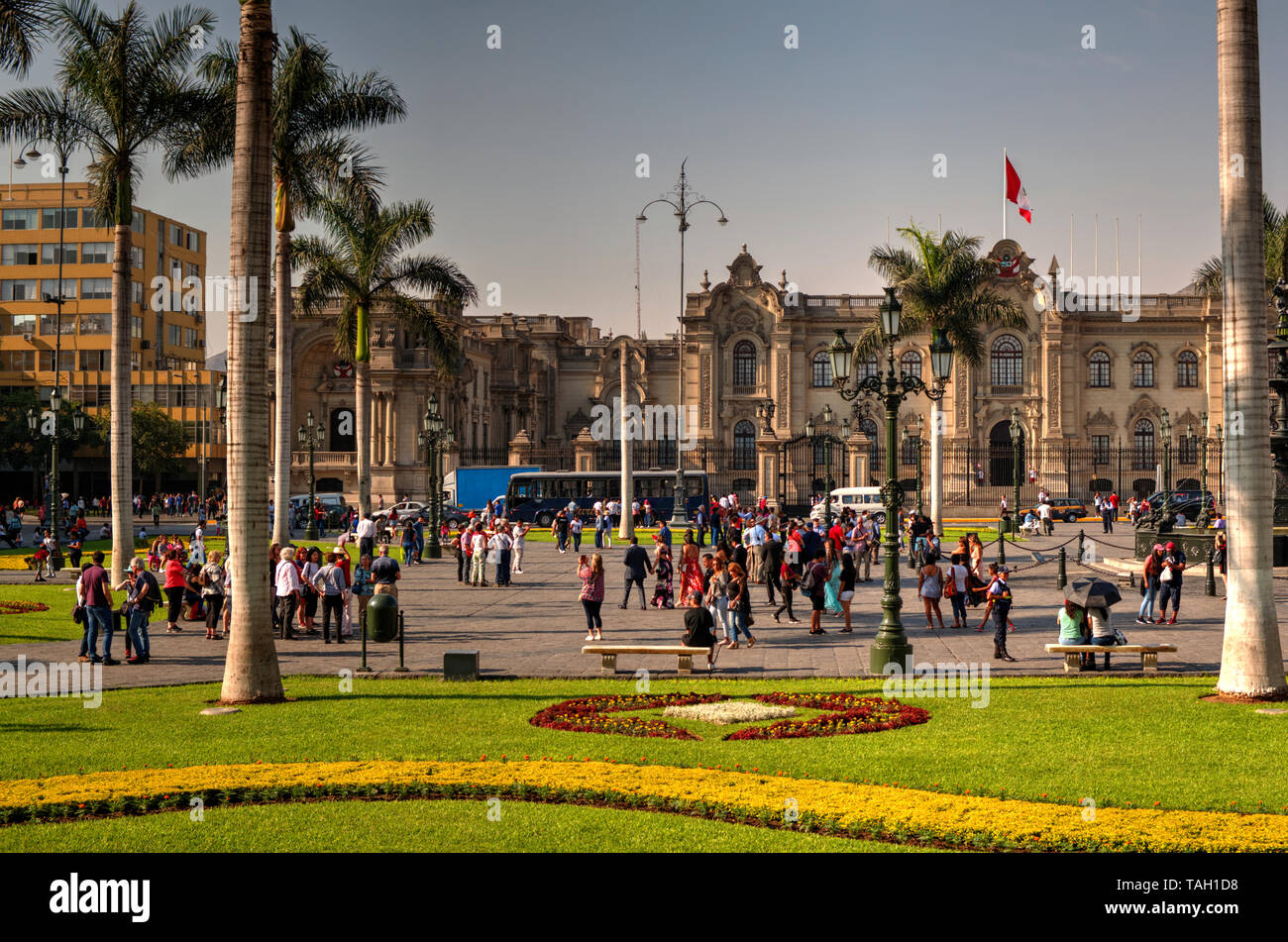 Lima, Peru - April 21, 2018: View of main square and Government Palace ...