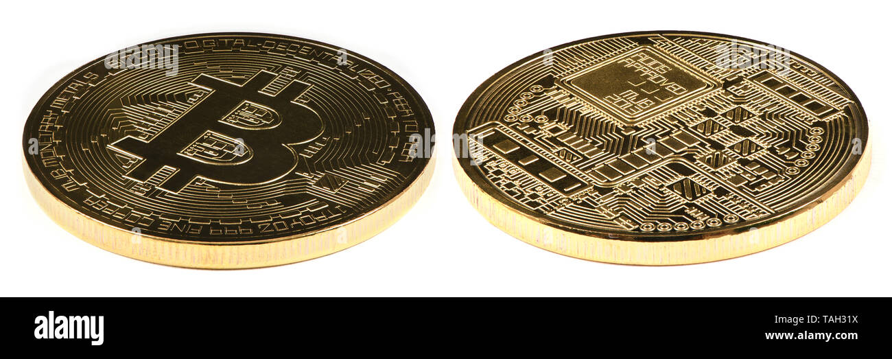 Golden bitcoin isolated on white background. Front and back sides are ...