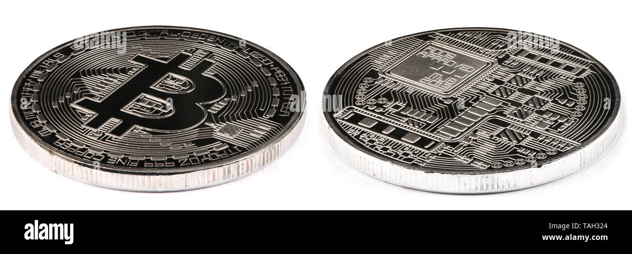 Silver bitcoin isolated on white background. Front and back sides are ...
