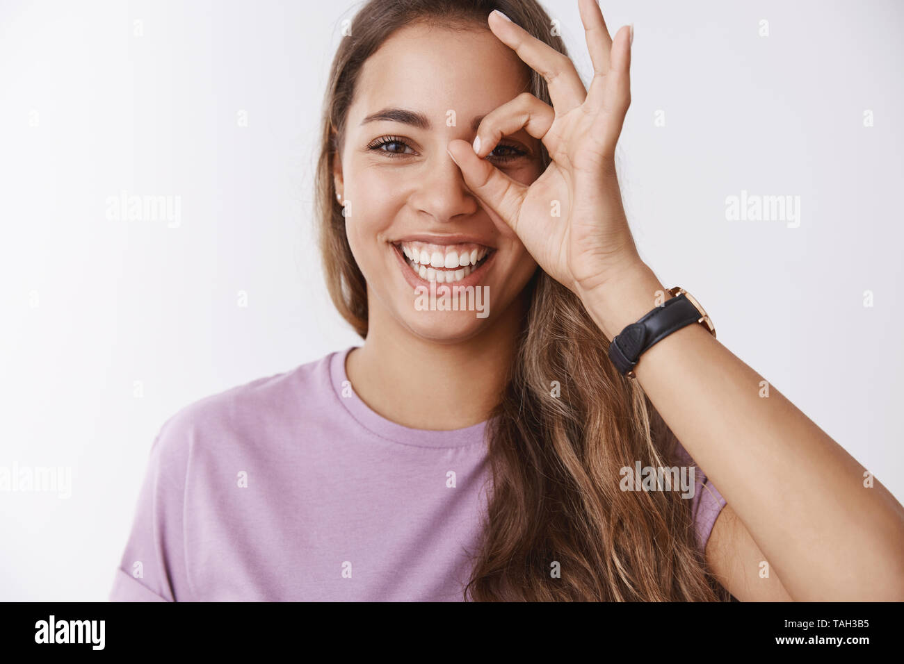 Charming ecstatic accomplished happy caucasian woman feeling playful ...
