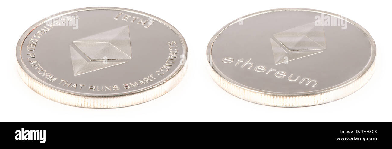 Golden ethereum isolated on white background. Front and back sides are ...