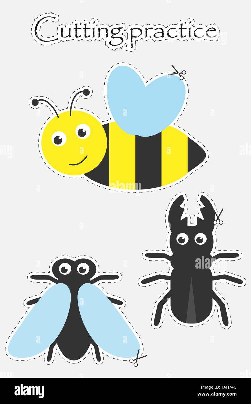 Cute insects in cartoon style, cutting practice, education game for the ...