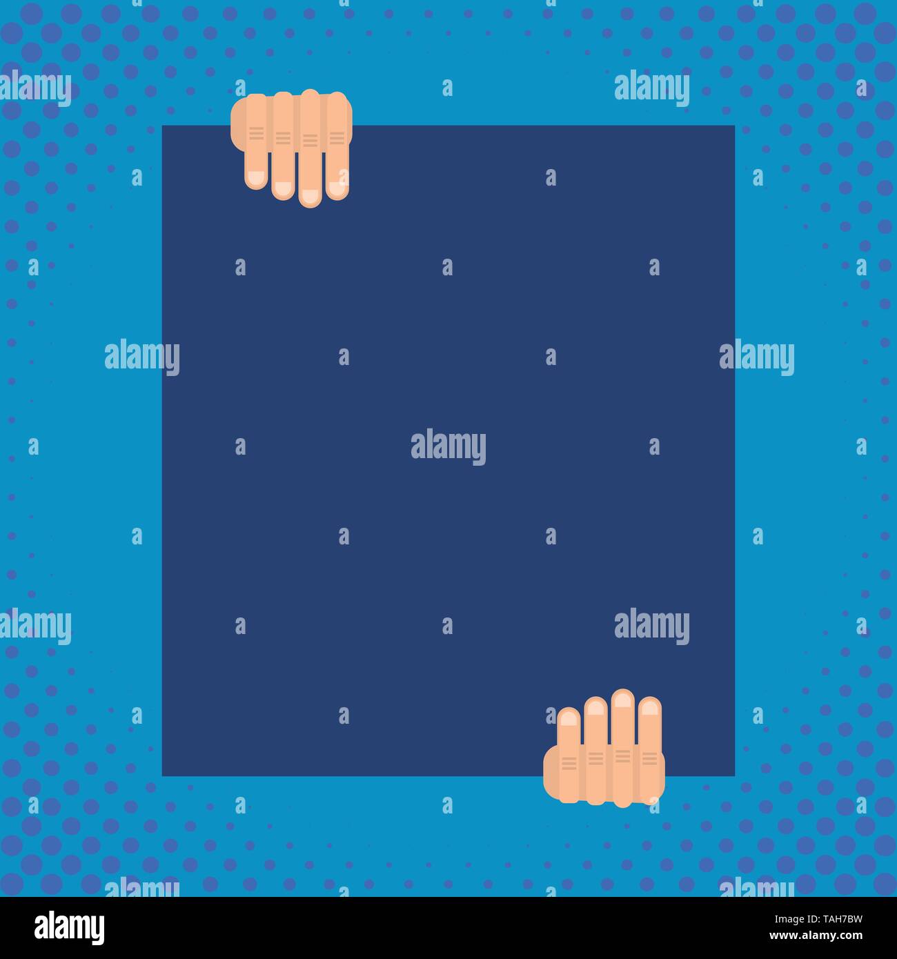 Two hands holding big blank rectangle up down Geometrical background ...