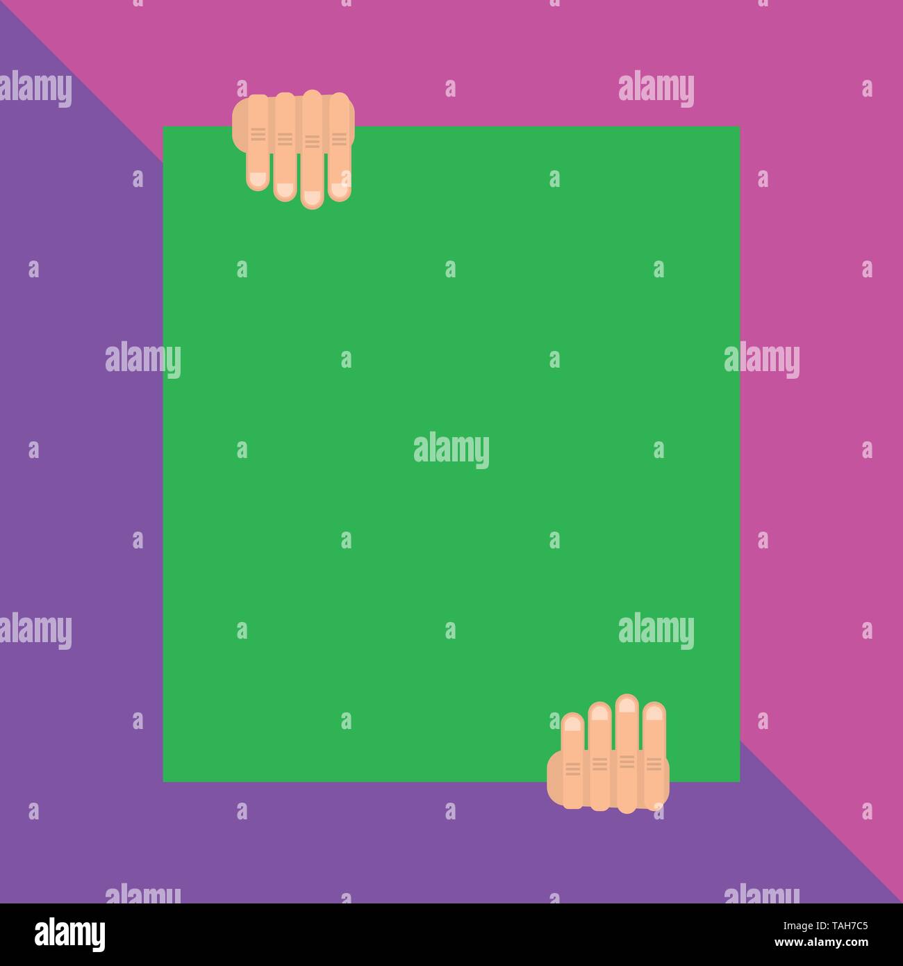Two hands holding big blank rectangle up down Geometrical background ...