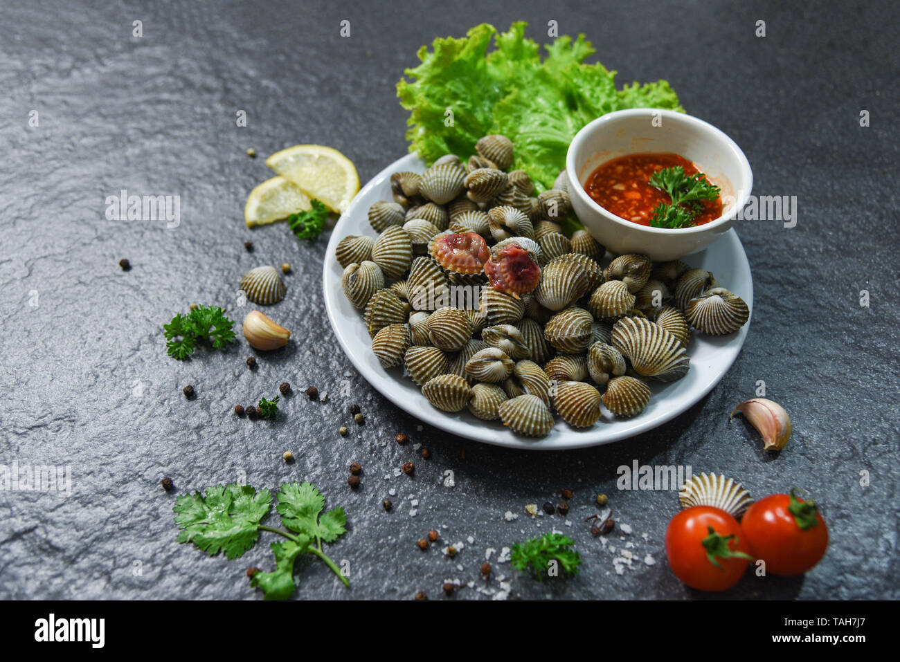 Shellfish Seafood plate cockles fresh raw ocean gourmet dinner with ...