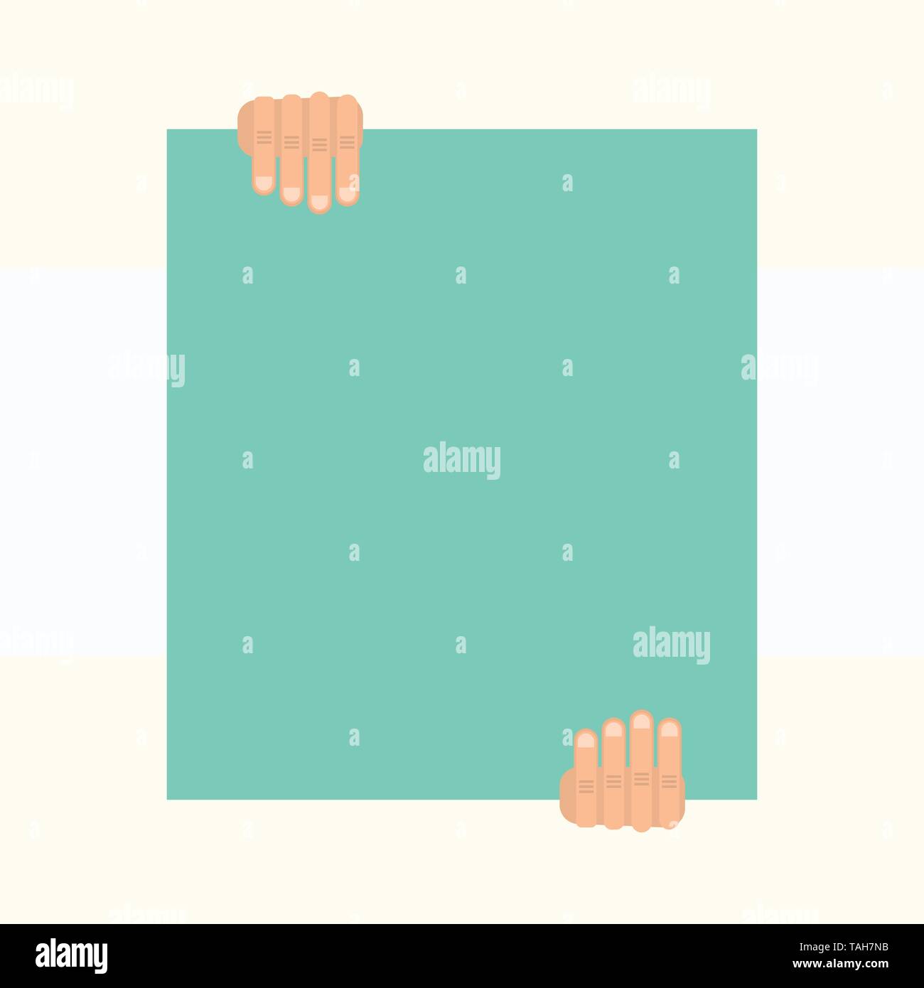 Two hands holding big blank rectangle up down Geometrical background ...