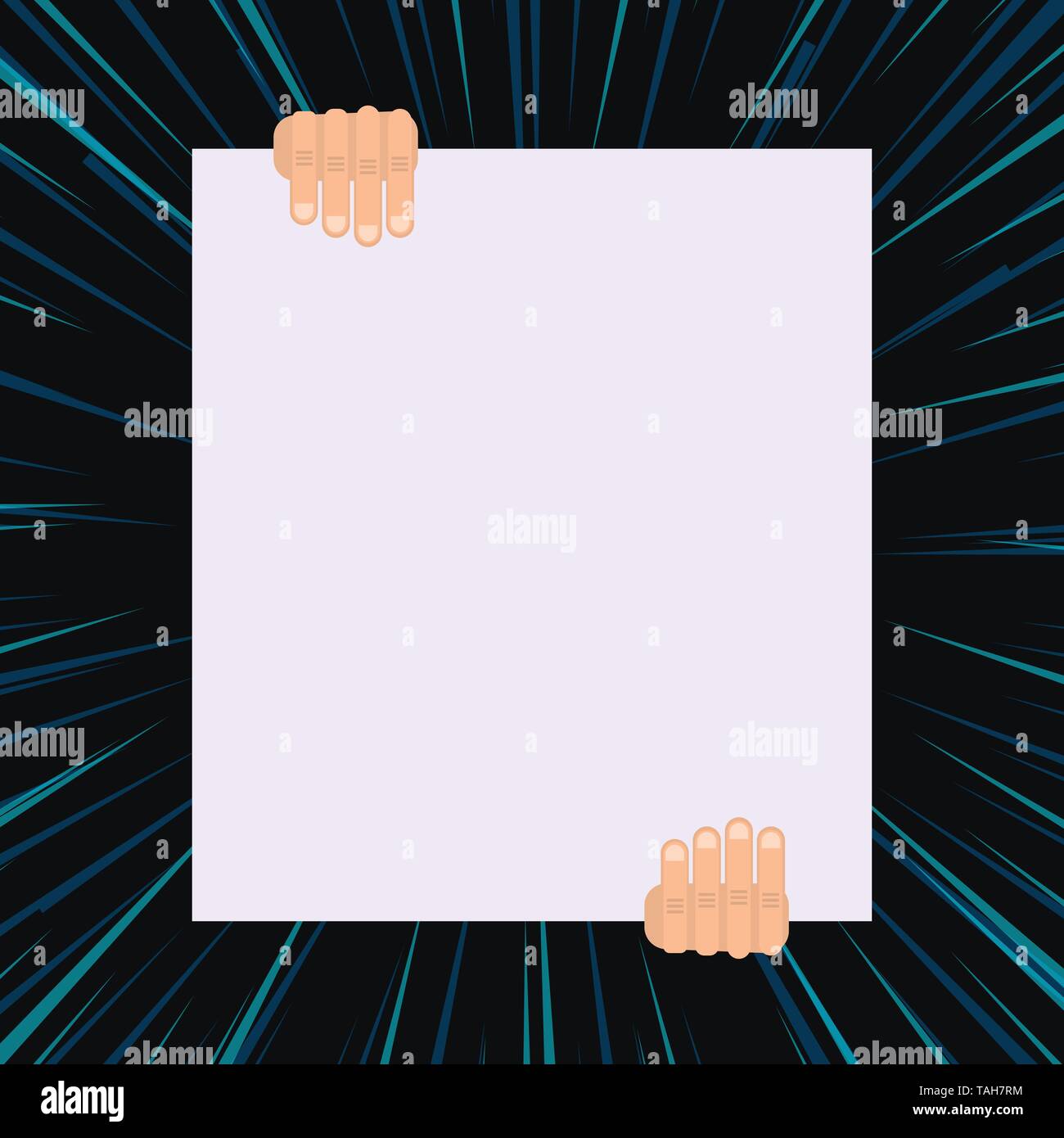 Two hands holding big blank rectangle up down Geometrical background ...