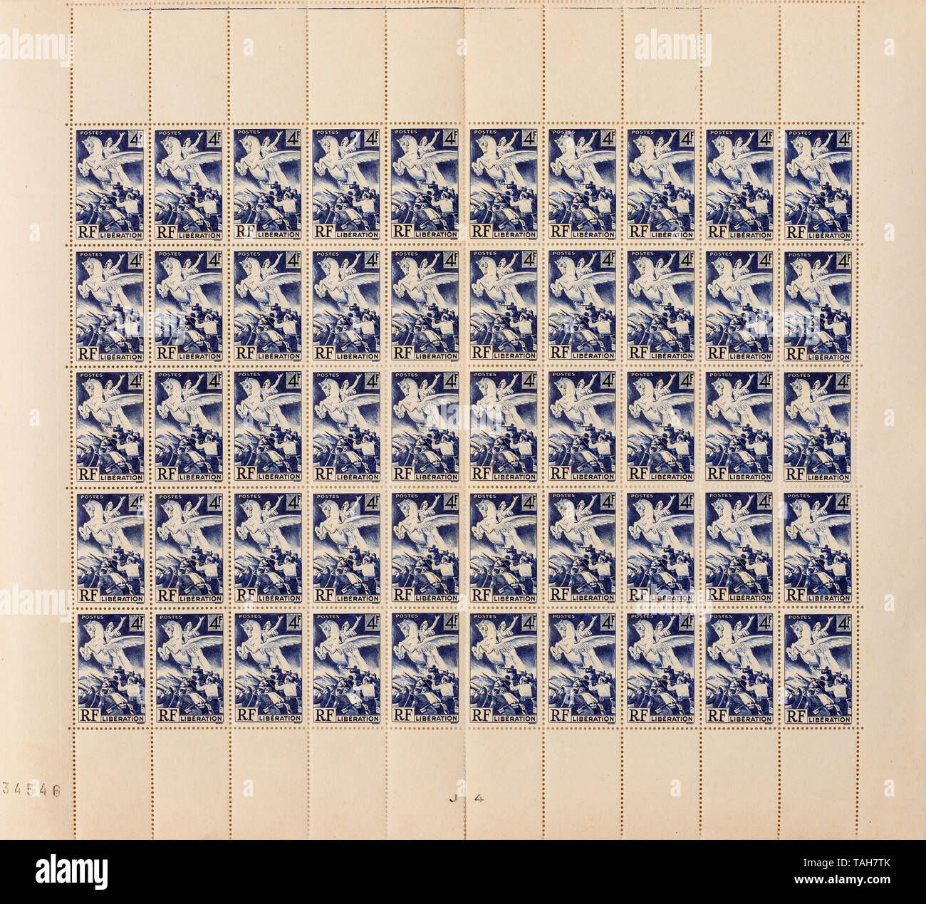 Complete sheet of 50 unused 1945 French "Liberation" postage stamps ...