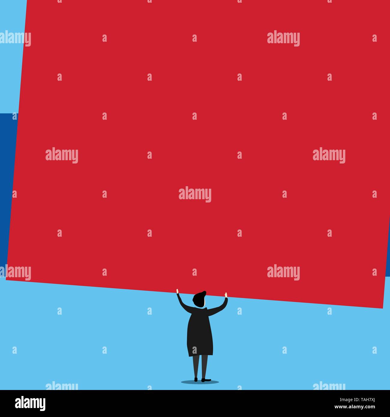 Back view standing short hair woman dress hands up holding blank ...