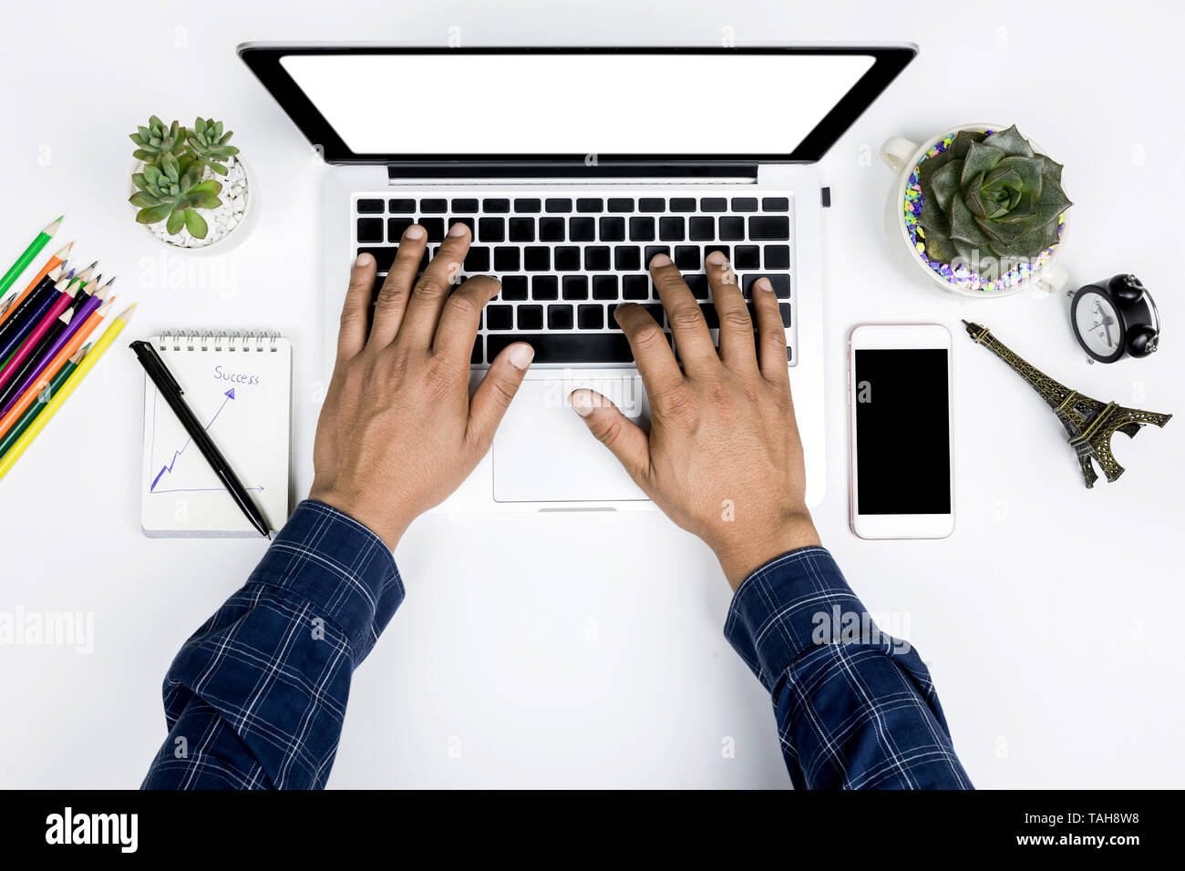 top view businessman working with modern devices, Man hand on laptop ...