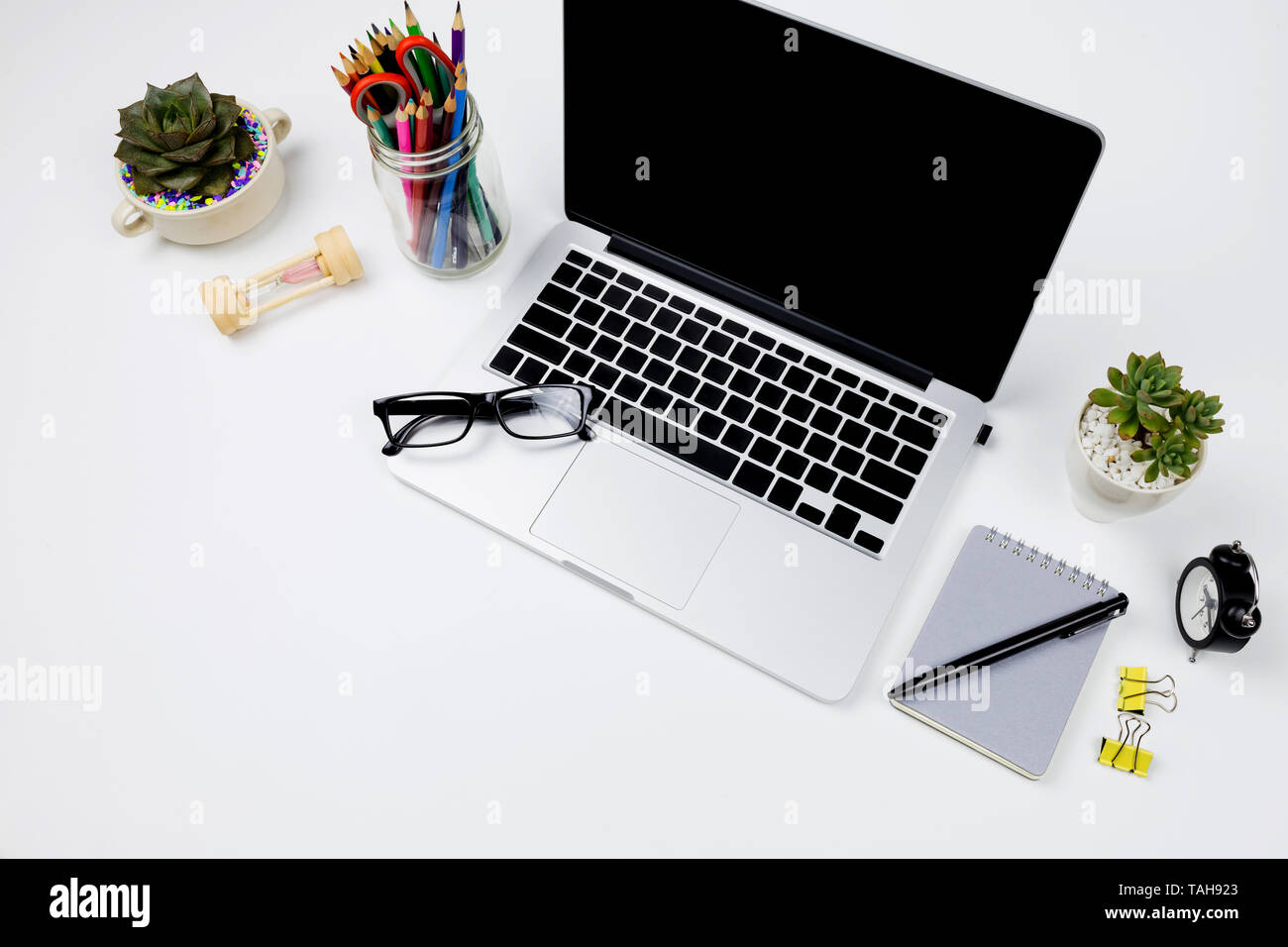 top view creative flat lay photo of modern workplace with laptop, top ...