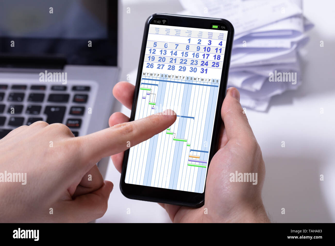 Close-up Of A Person's Hand Analyzing Gantt Chart On Cellphone Stock ...