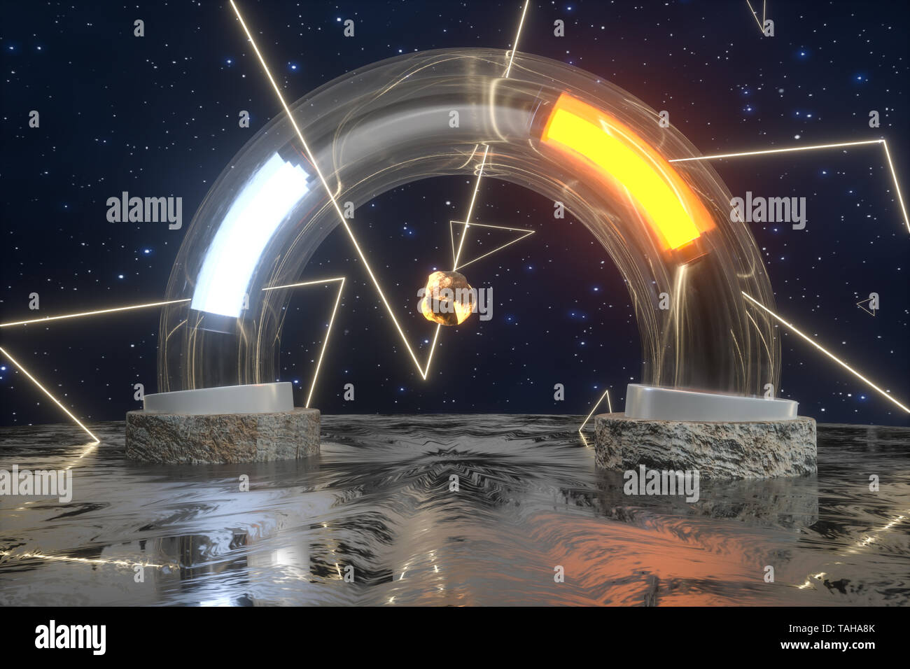 3d rendering, scientific mechanical ring in the outer space. Computer ...