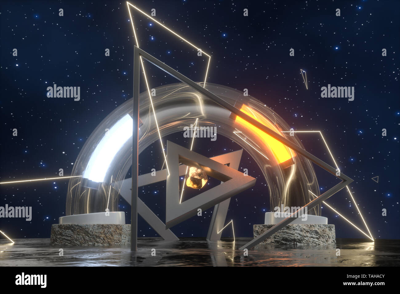 3d rendering, scientific mechanical ring in the outer space. Computer ...